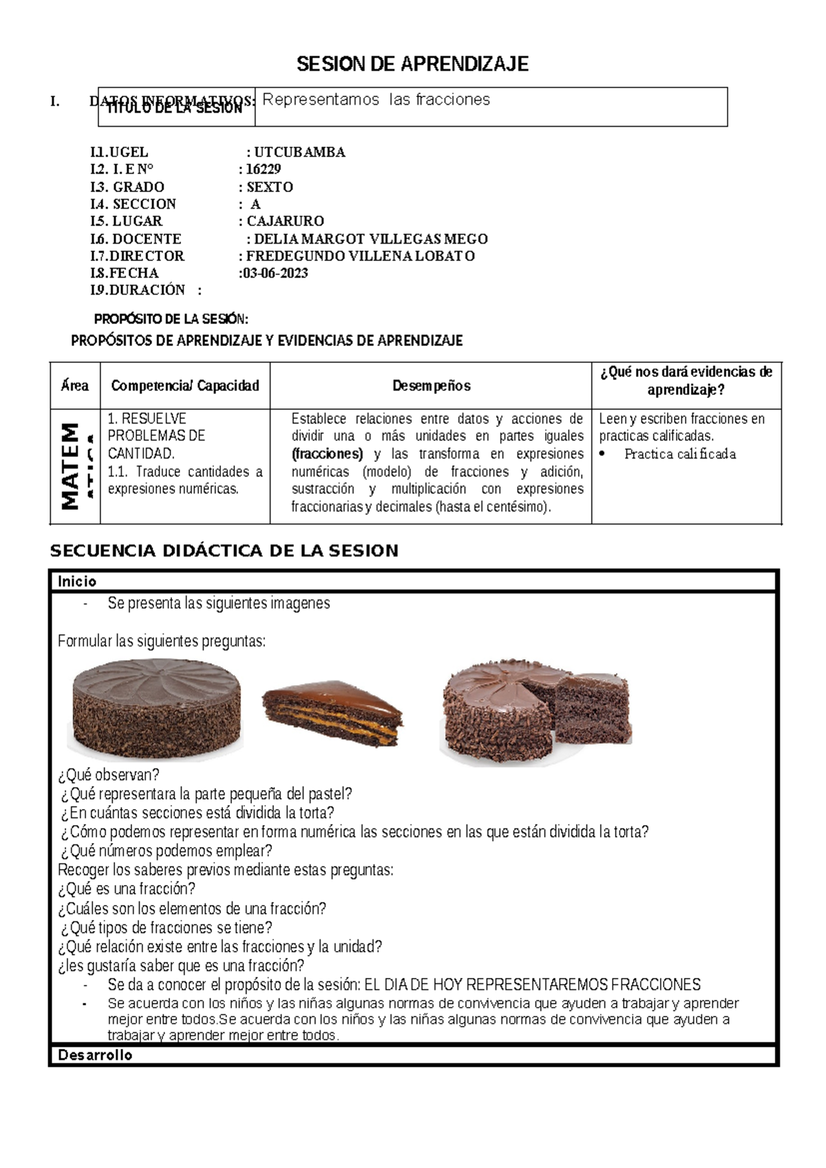 SESION DE APRENDIZAJE: Representación de Fracciones - 6to Grado - Studocu