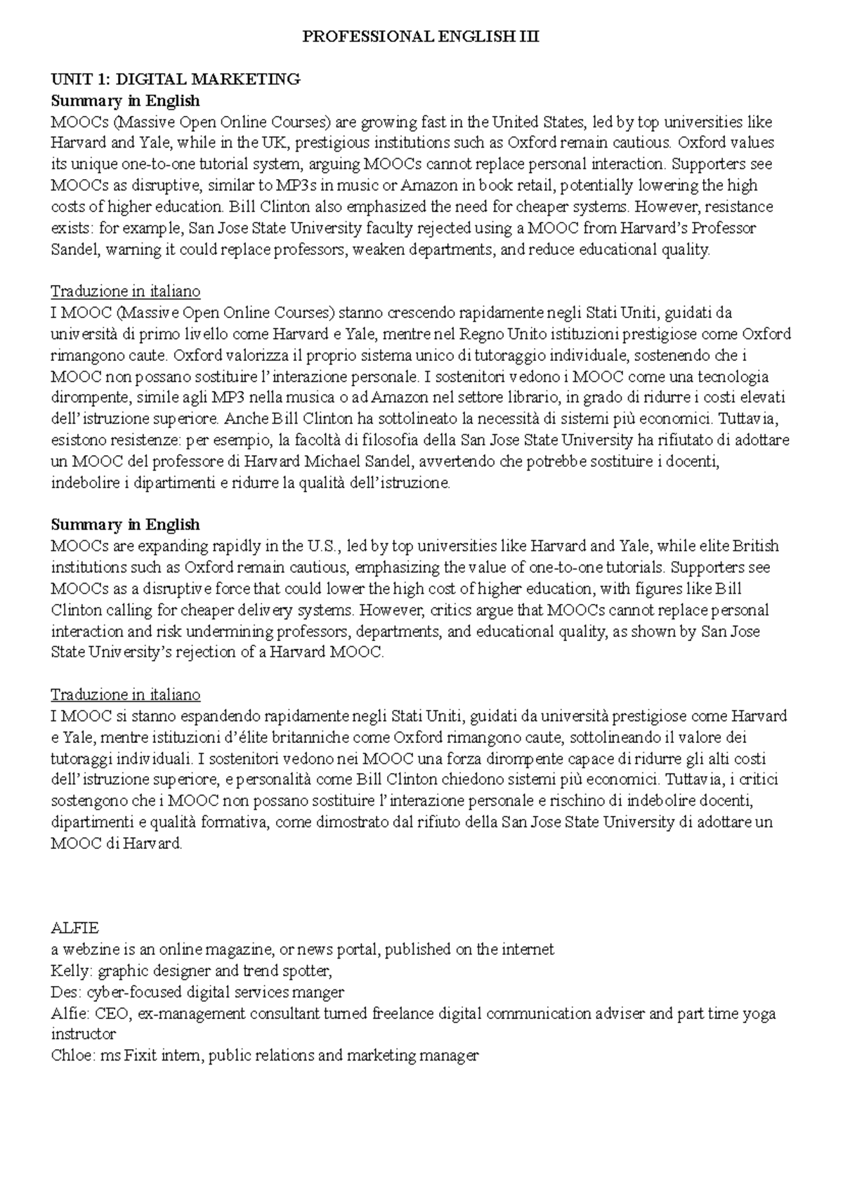 PROFESSIONAL ENGLISH III: UNIT 1 - DIGITAL MARKETING Summary - Studocu