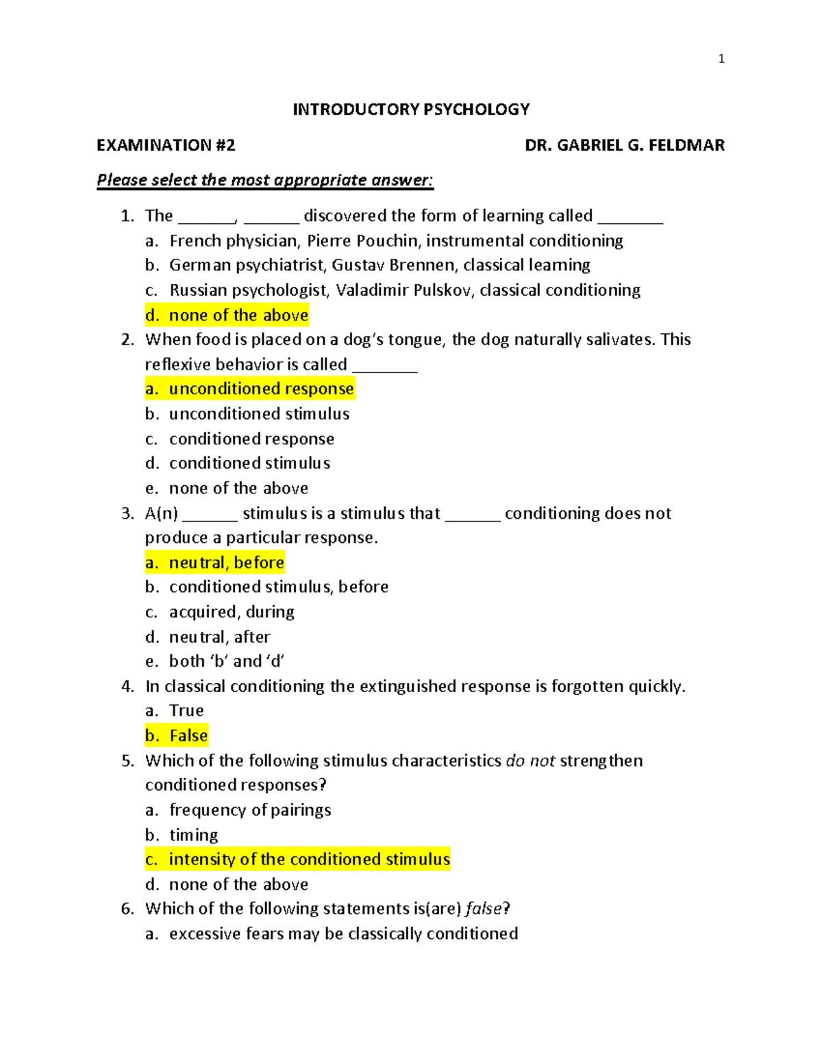 Intro Psych Exam 1 - Practice w answers - INTRODUCTORY PSYCHOLOGY ...