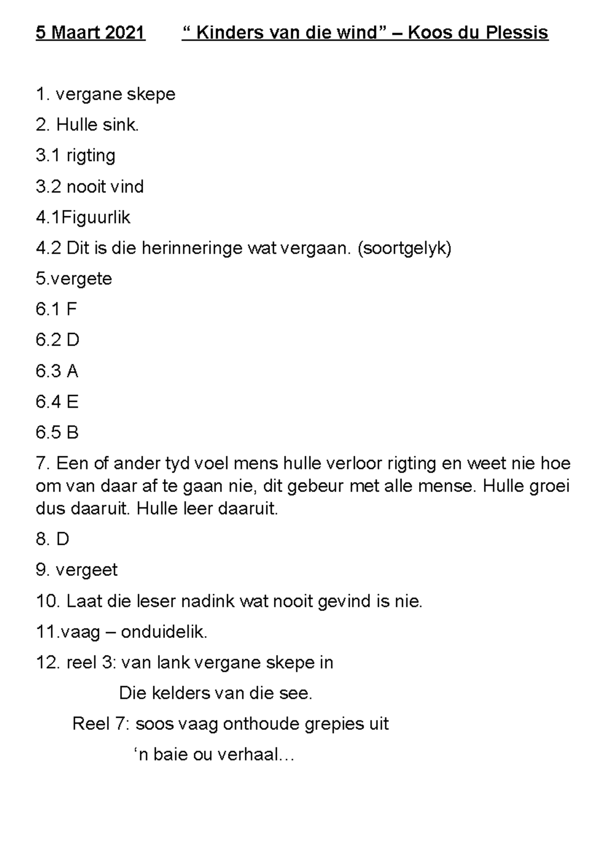 Kinders van die Wind - Gr 10 Memorandum en Aantekeninge - Studocu