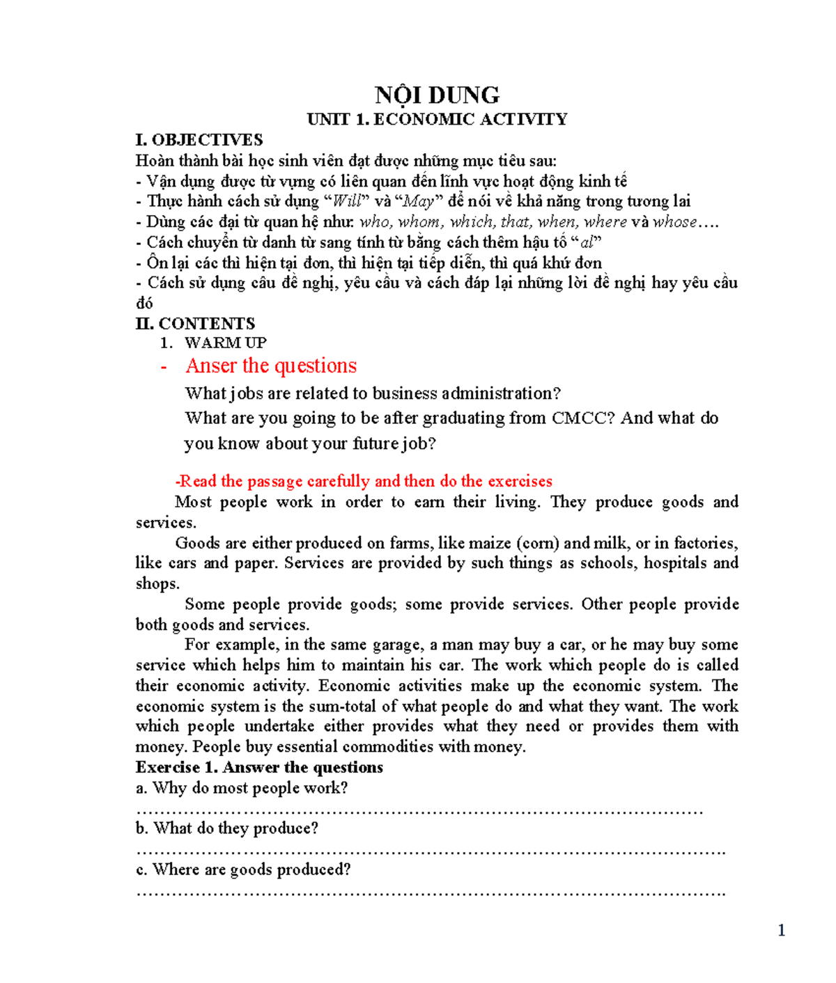 UNIT 1: ECONOMIC ACTIVITY - STUDY NOTES & EXERCISES - Studocu