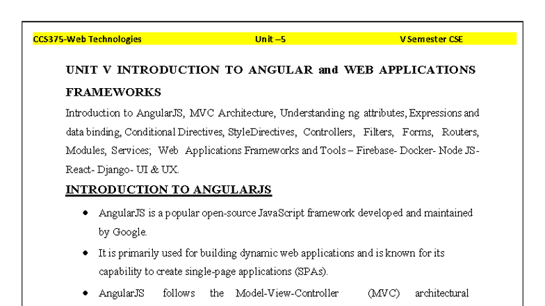 CSE Unit V: Introduction to AngularJS & Web App Frameworks - Studocu