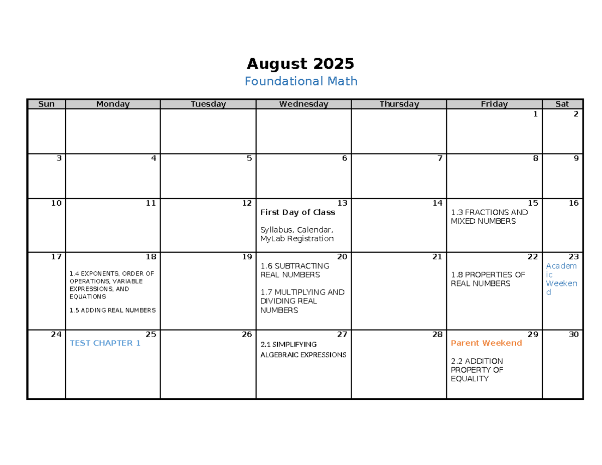 Fall 2025 Foundational Math Calendar: Key Dates & Tests - Studocu