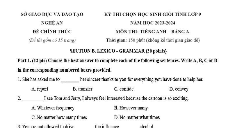 HSG NGHỆ AN 2023-2024 - TIẾNG ANH LỚP 9 - ĐỀ THI CHỌN HỌC SINH GIỎI ...