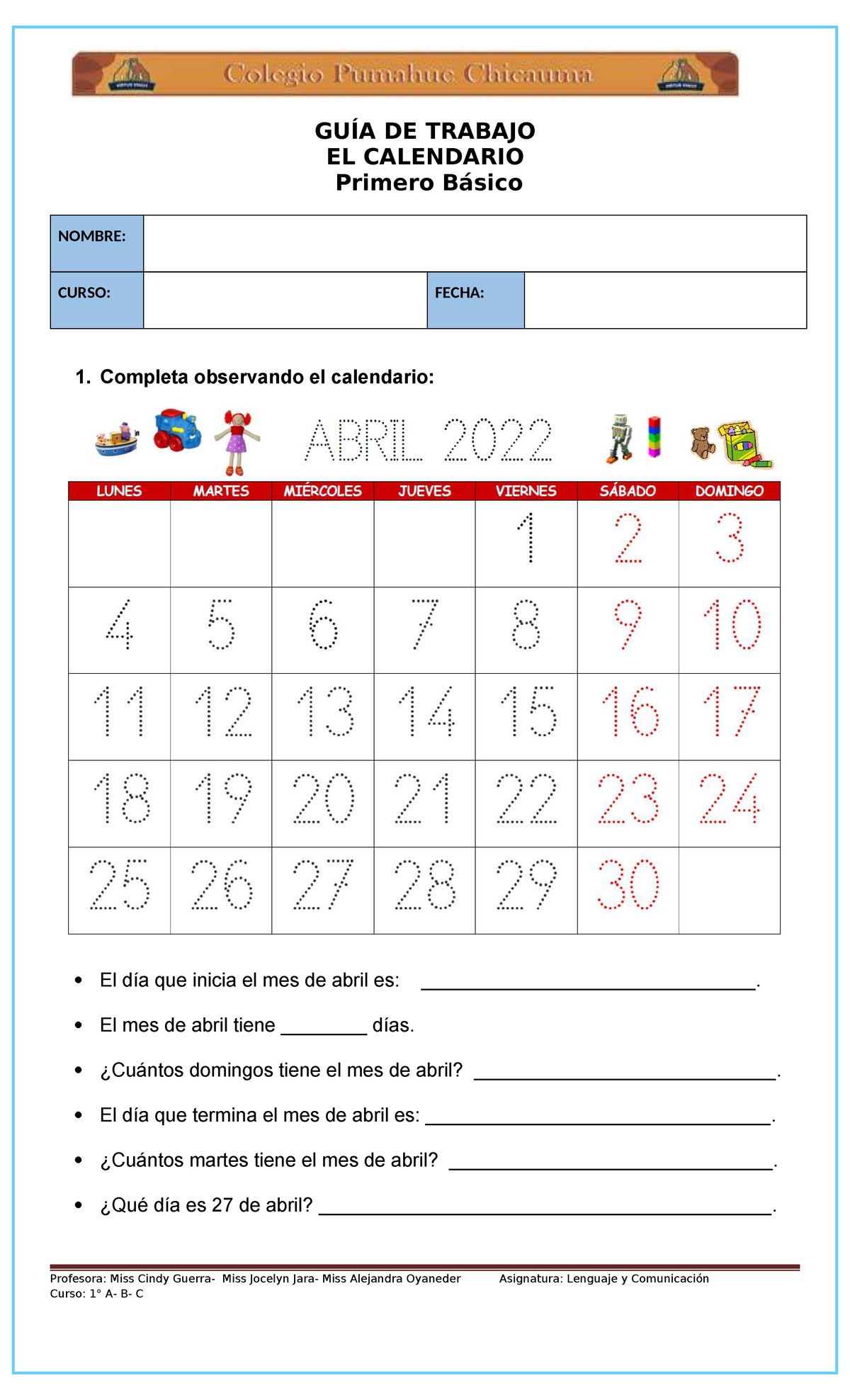 GUÍA DE TRABAJO: CALENDARIO - Primero Básico - Lenguaje y Comunicación ...