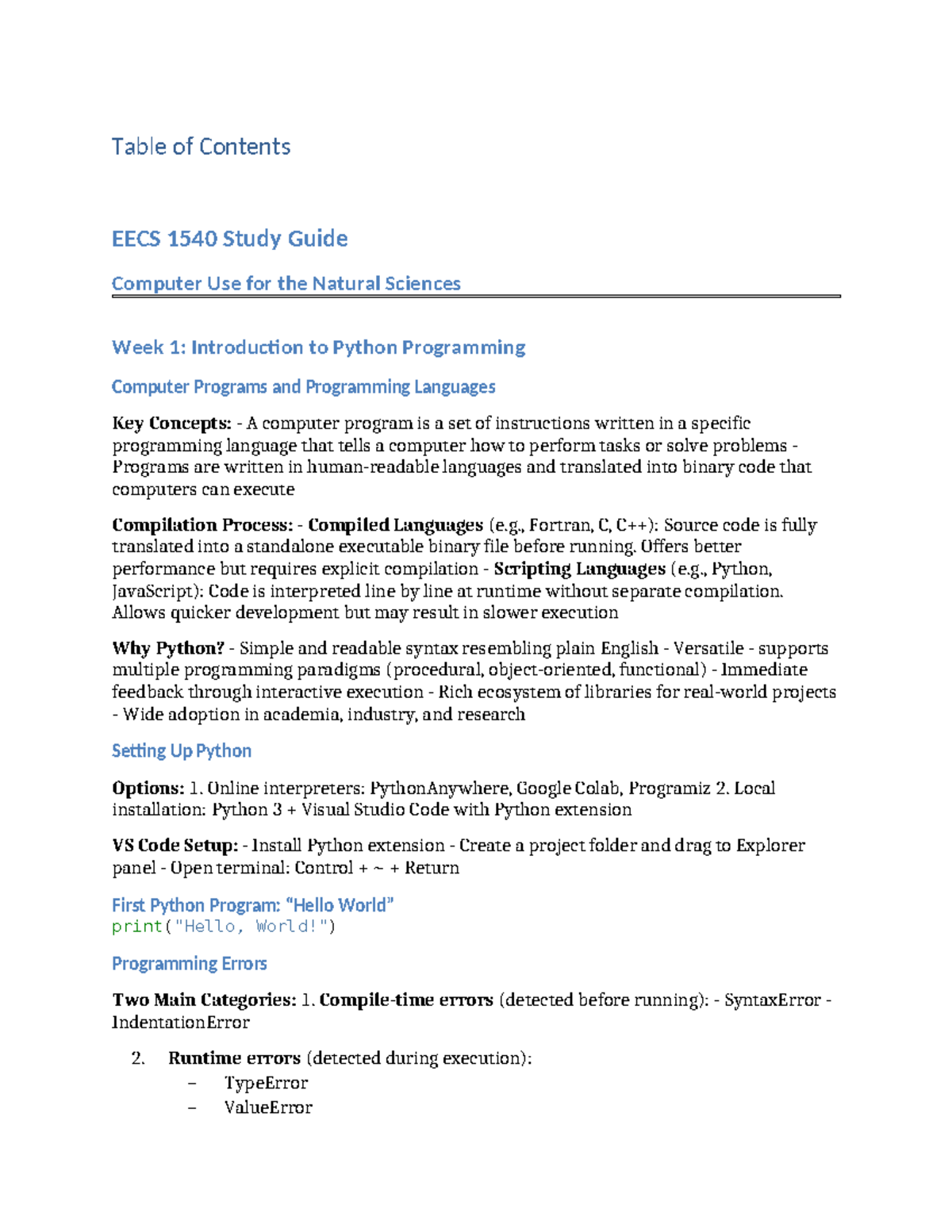EECS 1540 Study Guide: Intro to Python Programming Concepts - Studocu