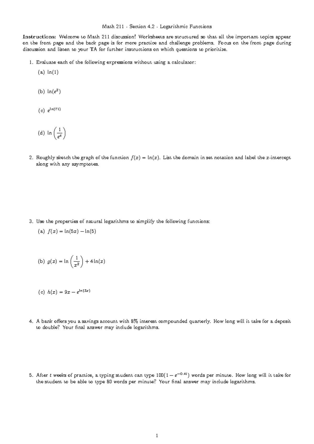 Math 211 - Section 4.2 - Logarithmic Functions Worksheet - Studocu