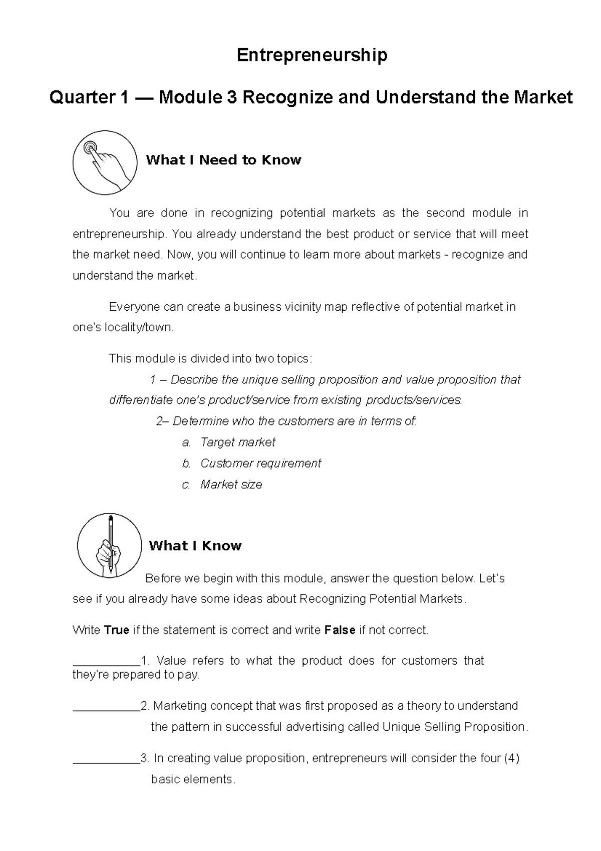 03 Entrepreneurship Q1 Module 3: Understanding Markets and Propositions ...