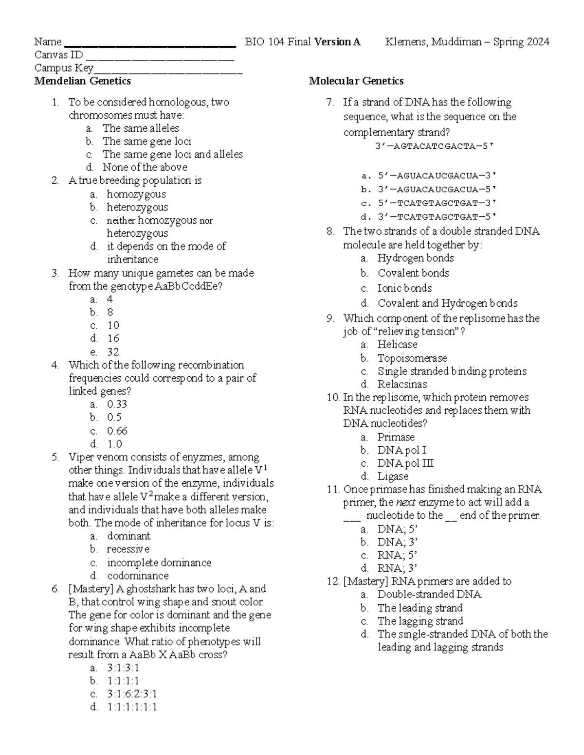 BIO 104 Final Exam Version A Practice - Klemens, Muddiman Spring 2024 ...