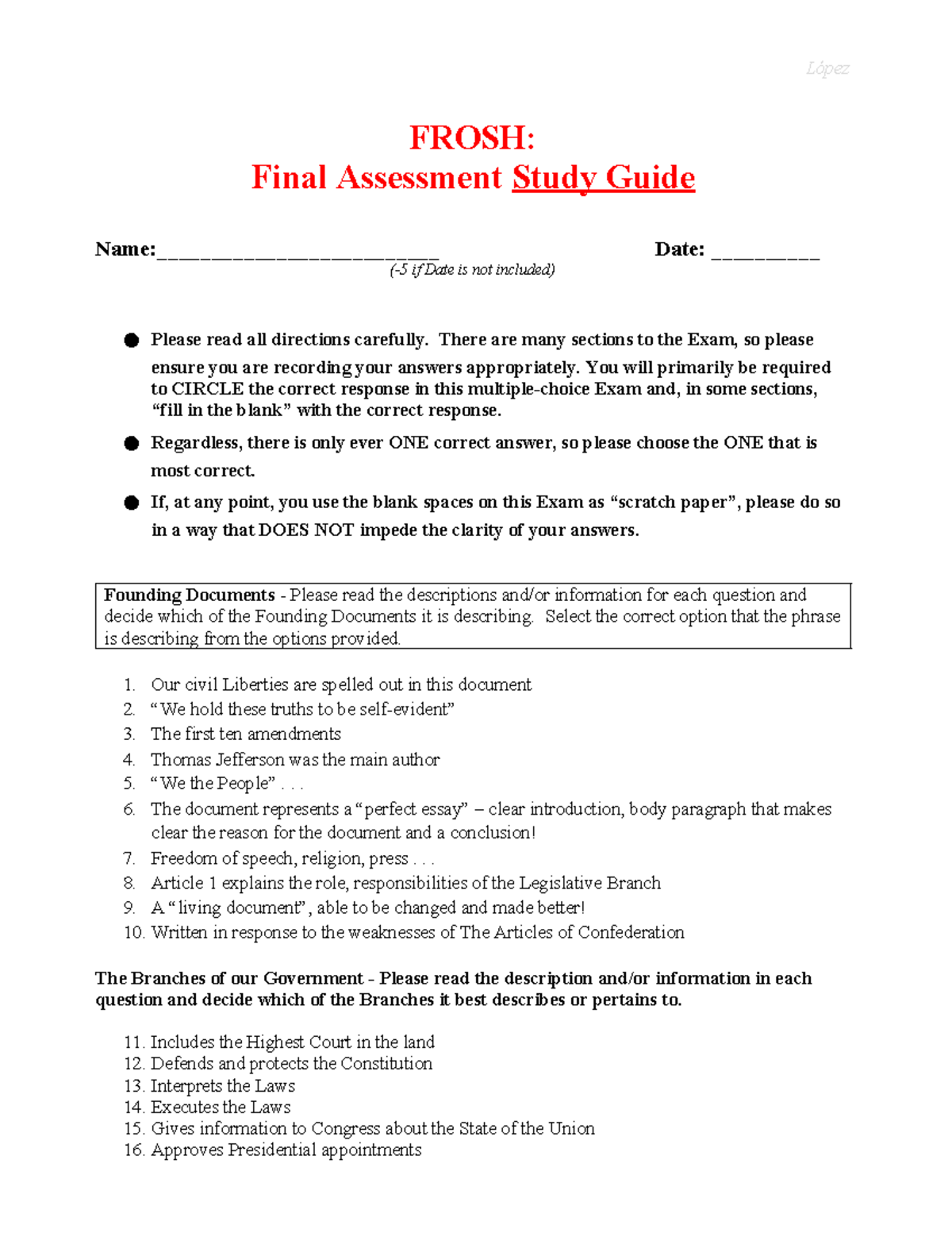 FROSH: U.S. Government Final Exam Study Guide for Founding Docs ...