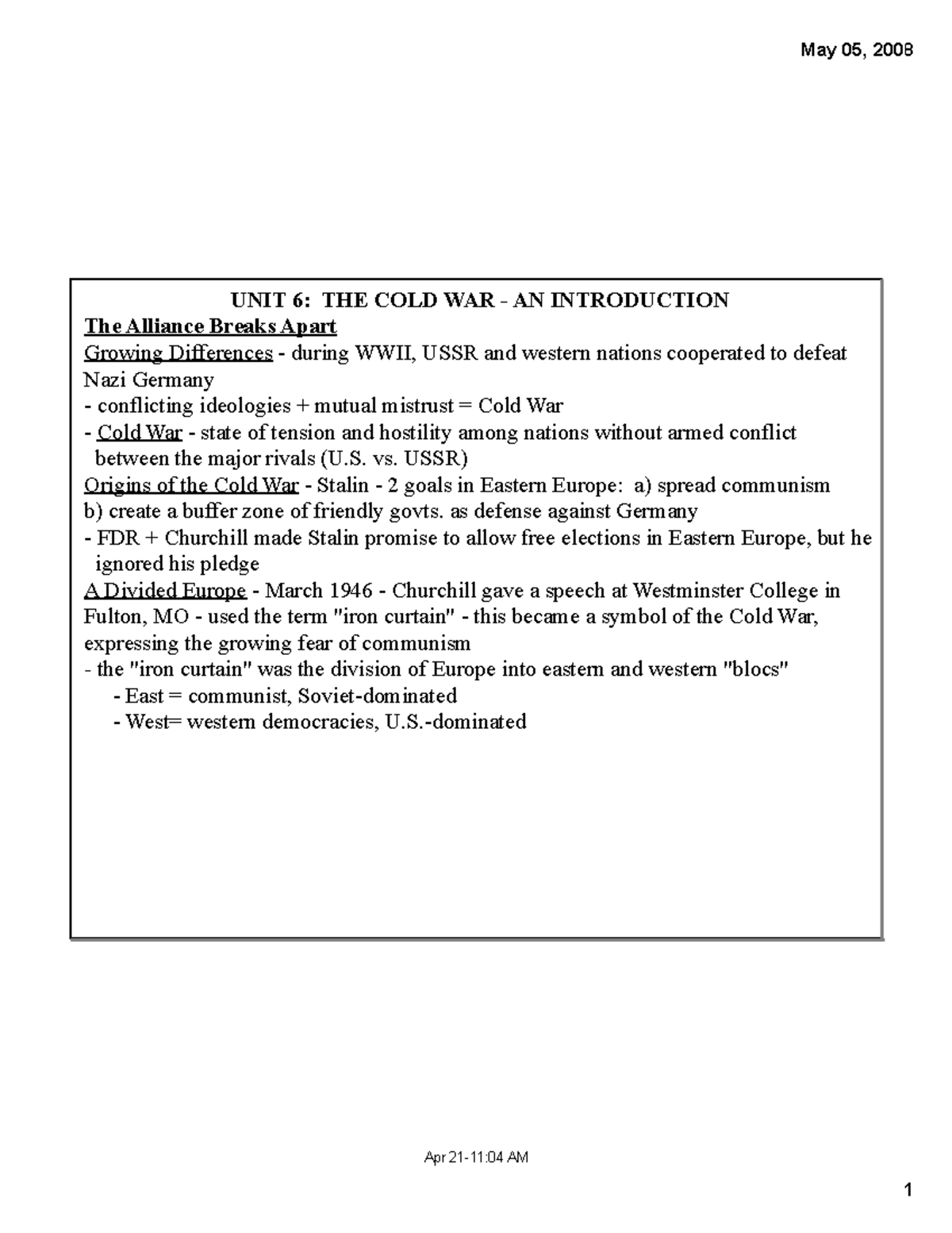 Cold War Summaries - Work - Apr 21 - 11 : 04 AM UNIT 6 : THE COLD WAR ...