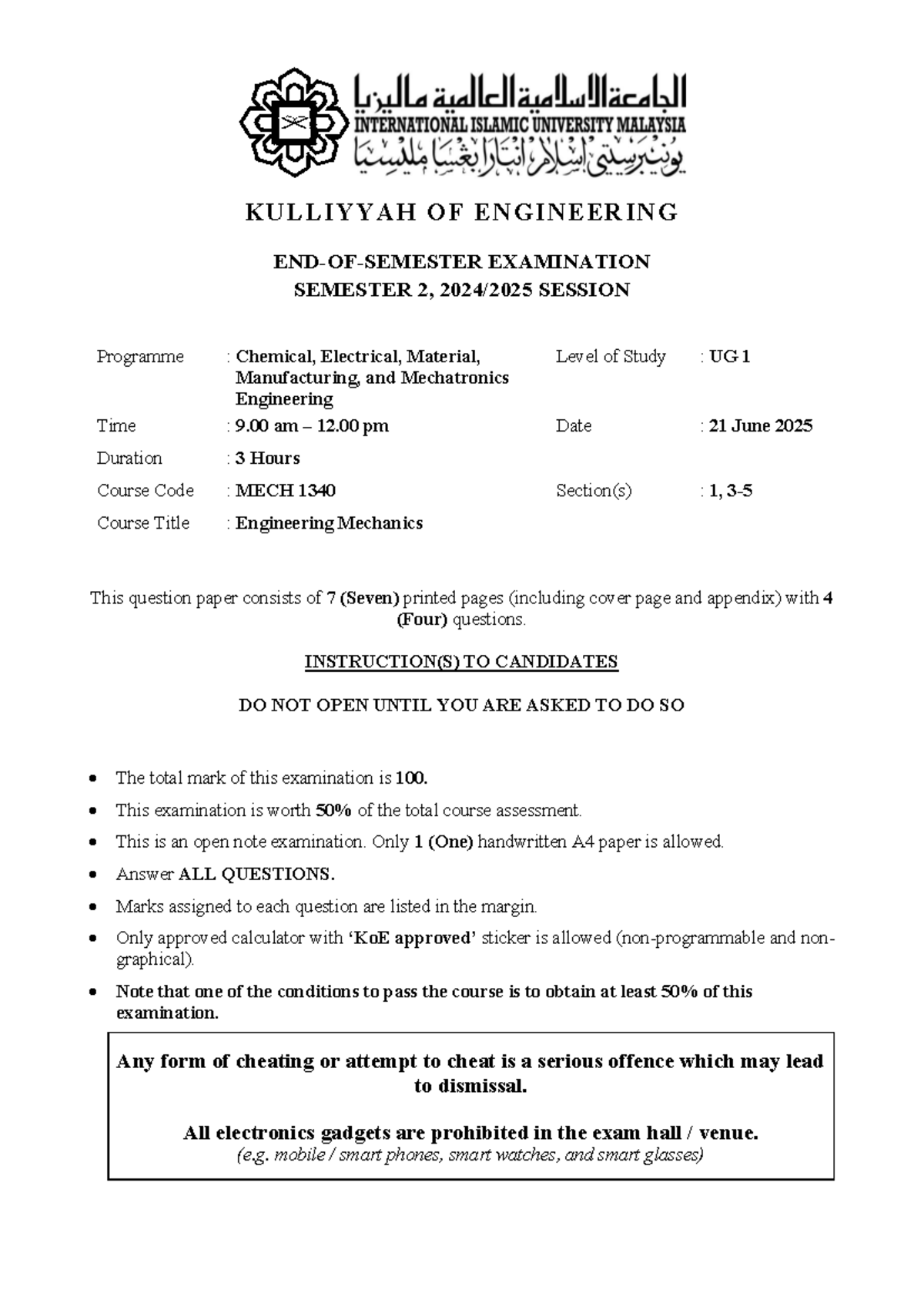 MECH 1340 Engineering Mechanics Final Exam Question Paper SEM 2 2425 ...