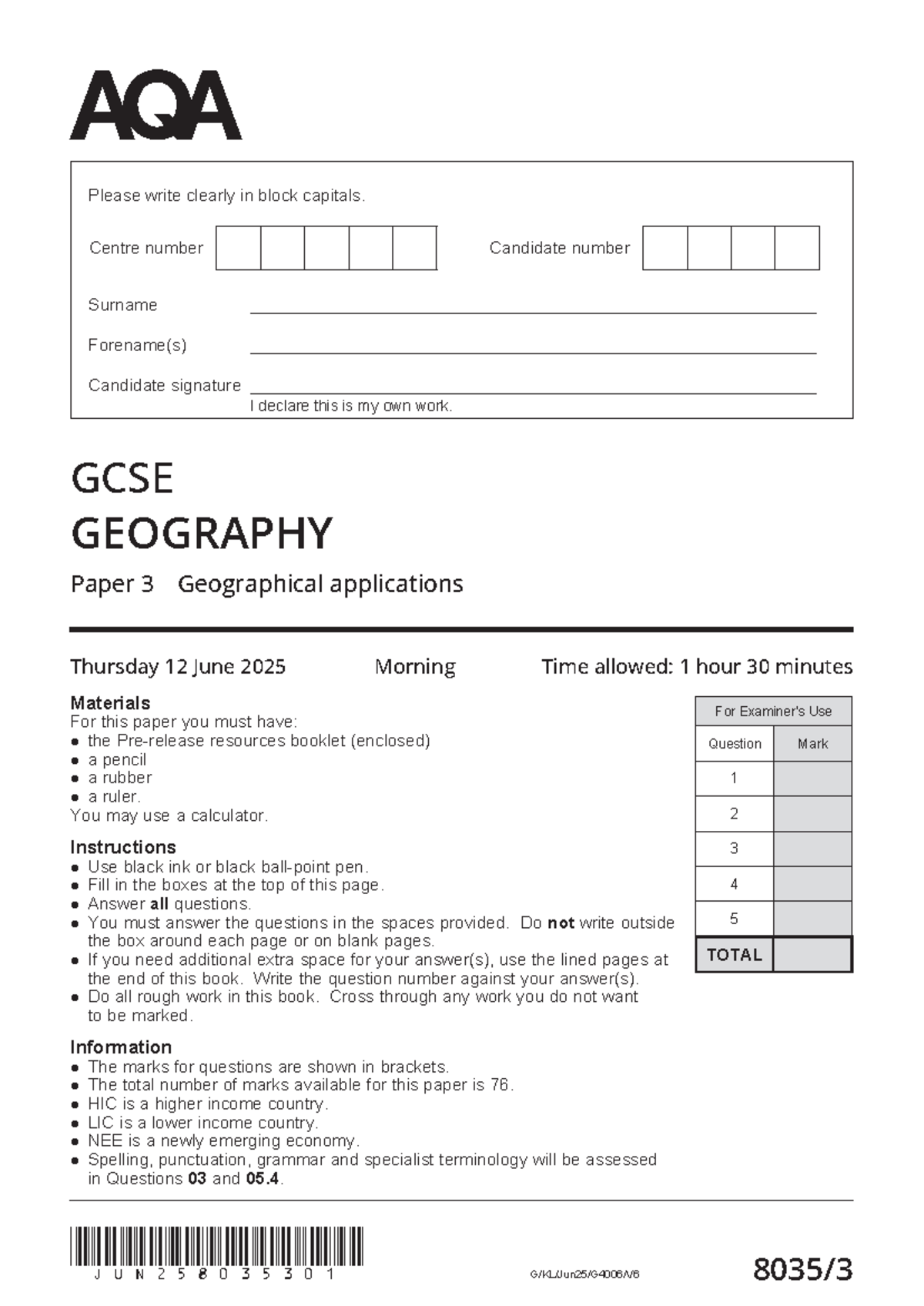 2025 AQA GCSE Geography Paper 3: Geographical Applications Exam - Studocu