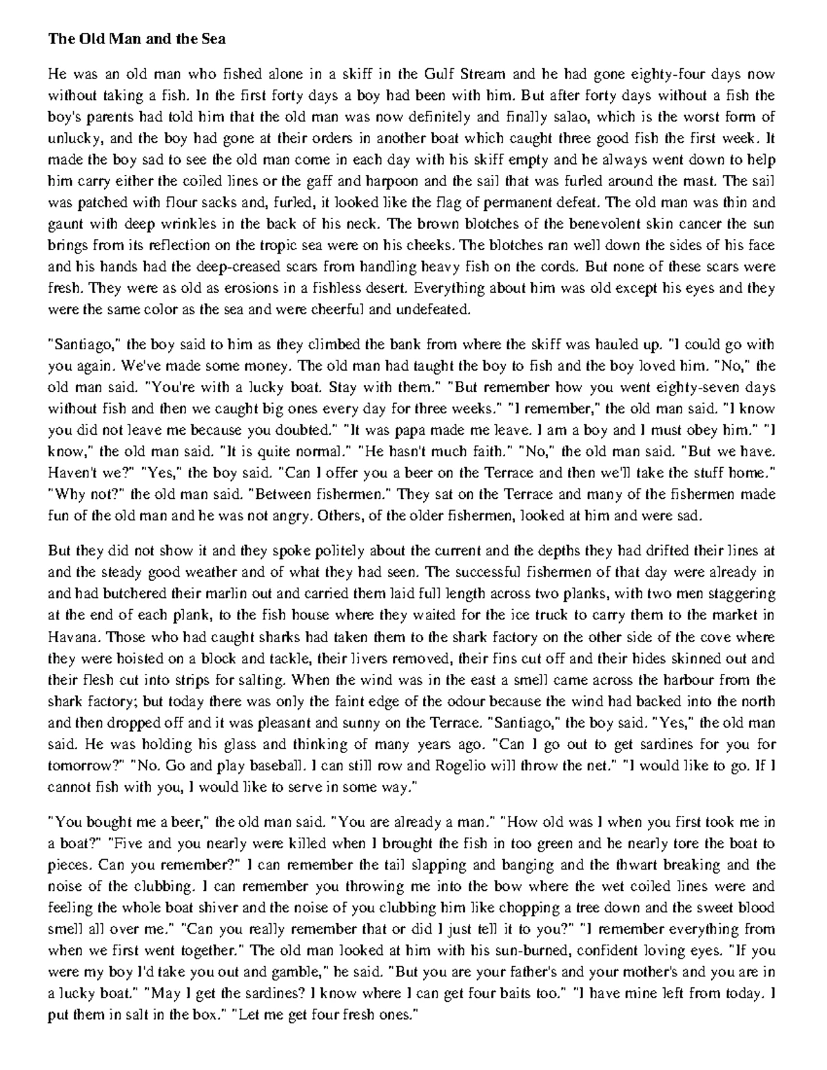 The Old Man and the Sea - Chapter Summary and Analysis - Studocu