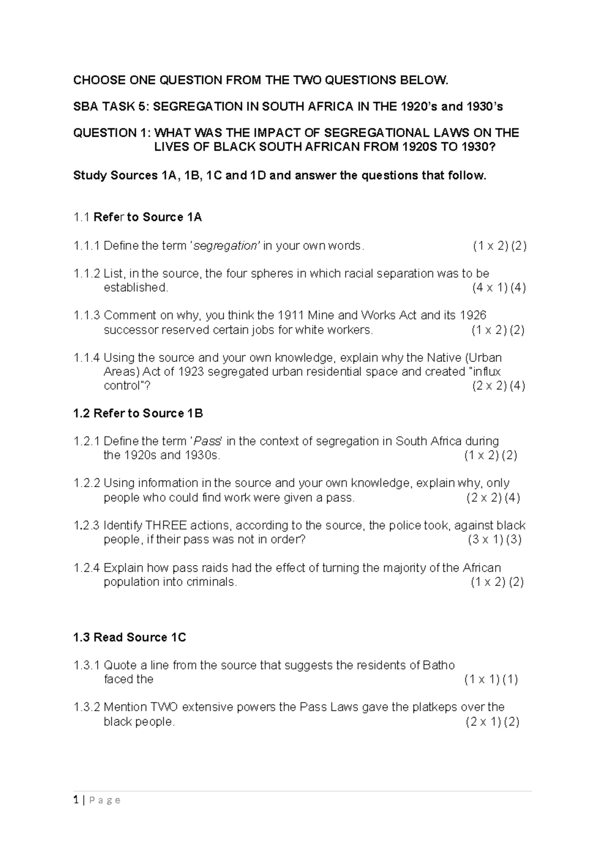 Grade 11 SBA Task 5: Segregation Impact in S.Africa (1920s-1930s) Final ...
