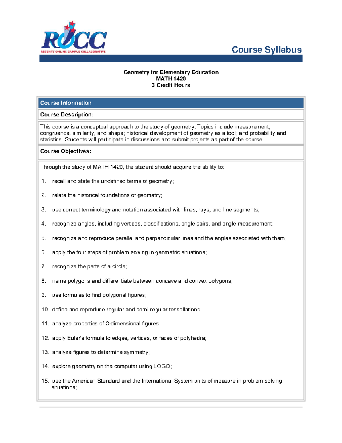 MATH 1420 Course Syllabus: Geometry for Elementary Education - Studocu