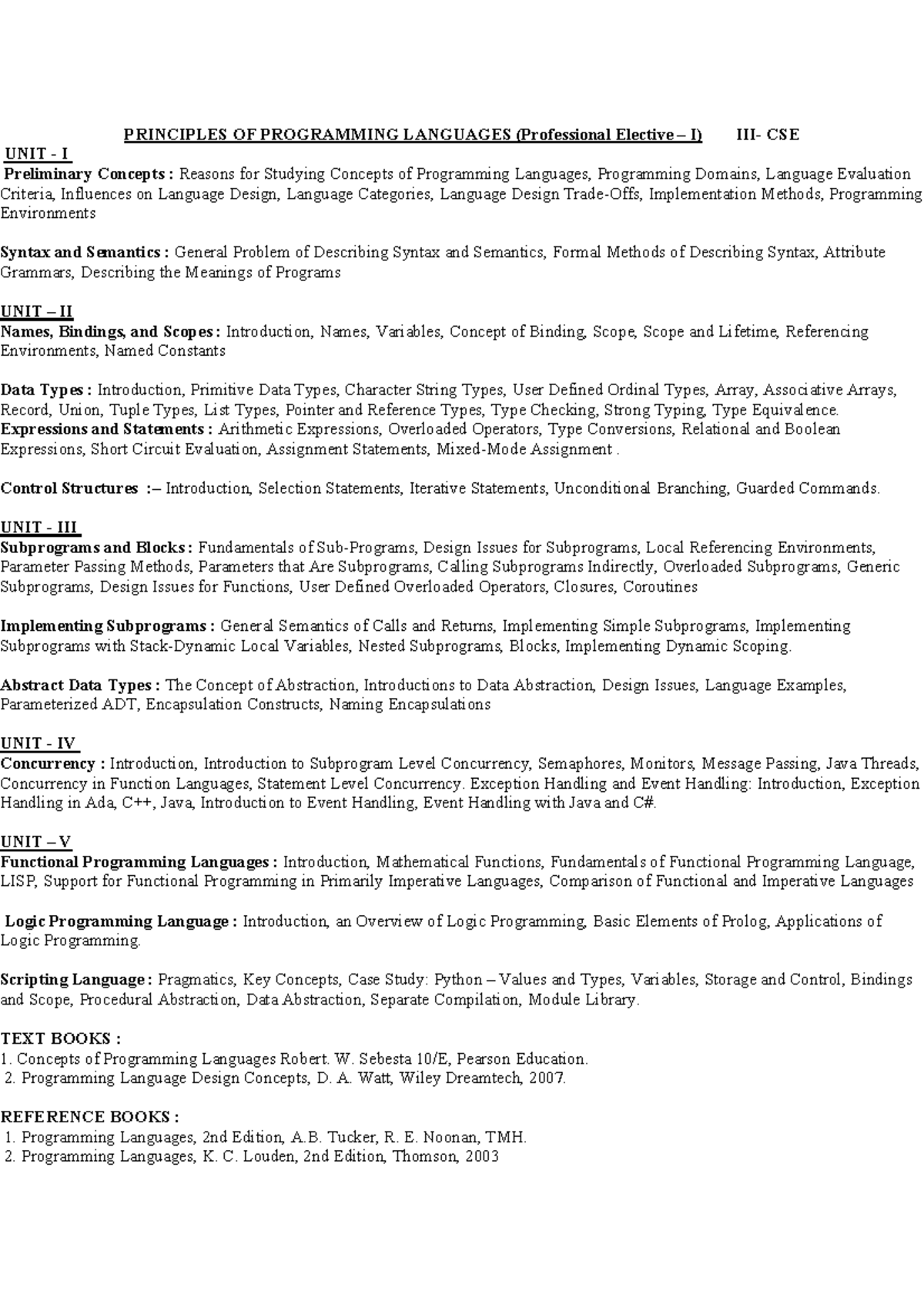 PPL-III CSE: Principles of Programming Languages - Lecture Notes - Studocu