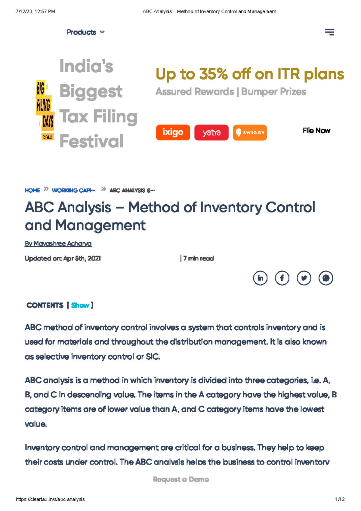 ABC Analysis: Inventory Control Method for Tax Filing Festival - Studocu