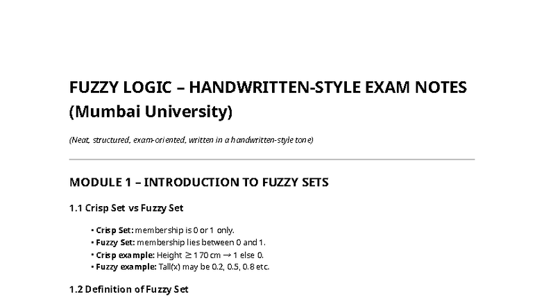 Fuzzy Logic Exam Notes (Mumbai University) - Module 1 to 5 - Studocu
