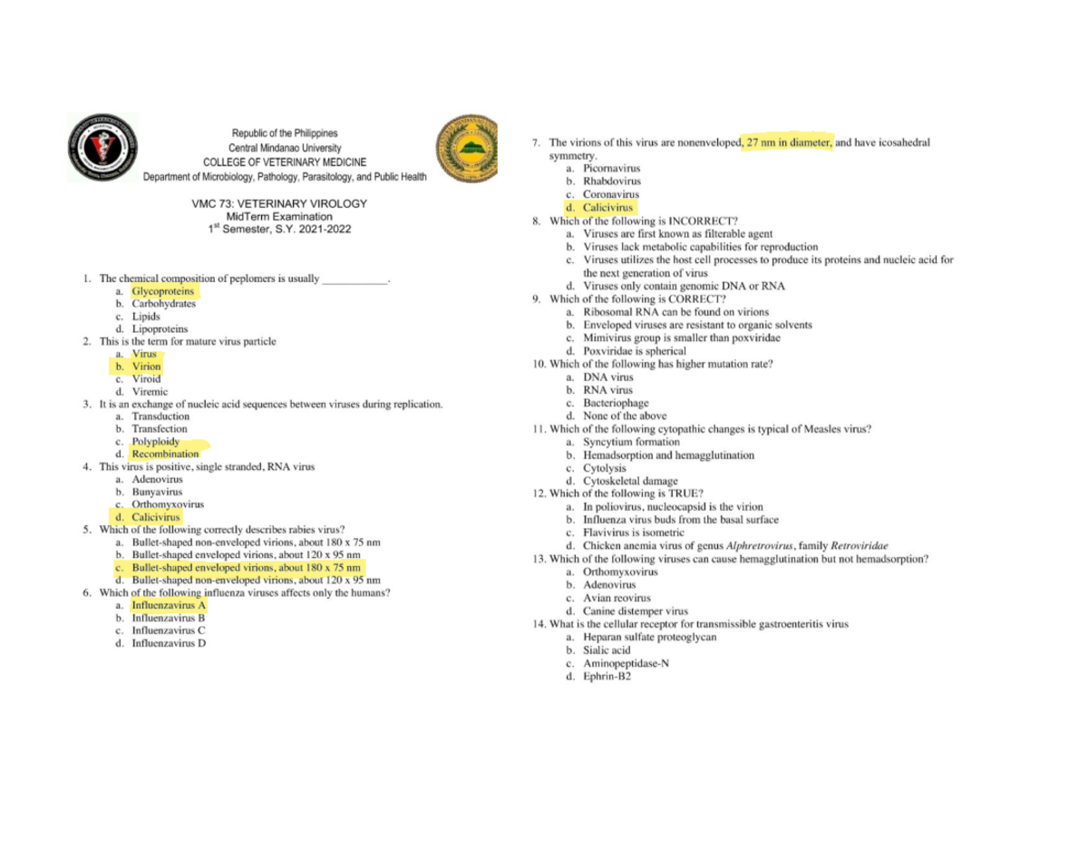 VMC 73: Veterinary Virology Midterm Exam Review - Studocu