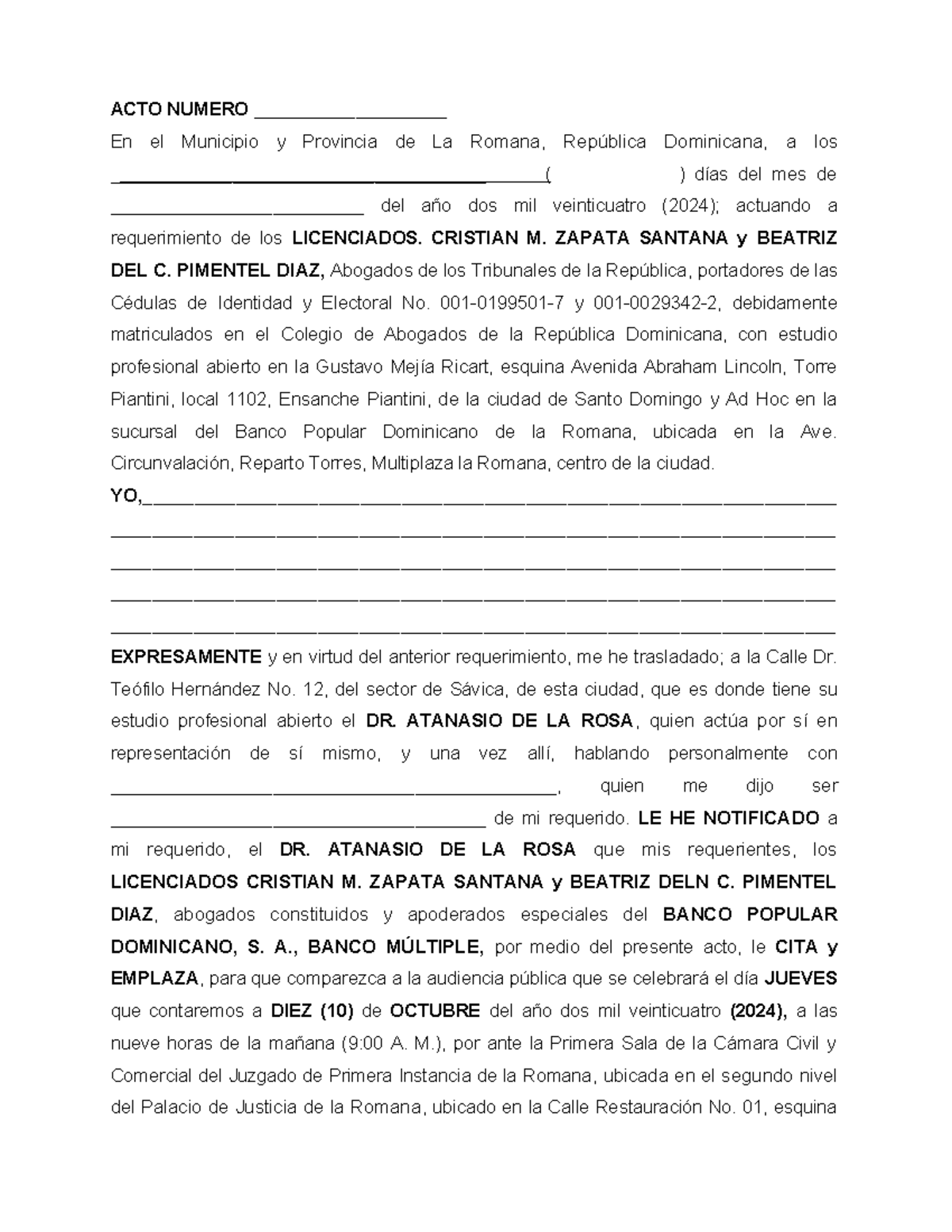 ACTO NUMERO: Citación y Emplazamiento - La Romana 2024 - Studocu