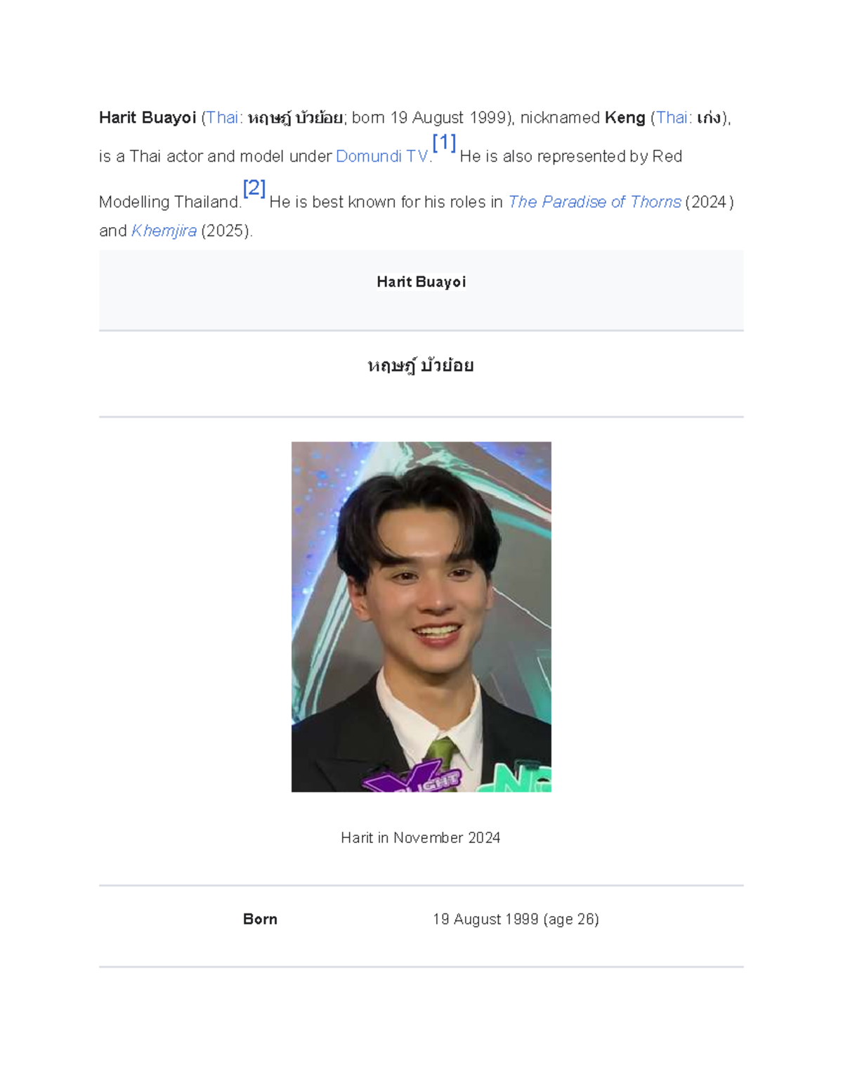 Harit Buayoi: Thai Actor & Model Profile (Kensgshs) - Studocu