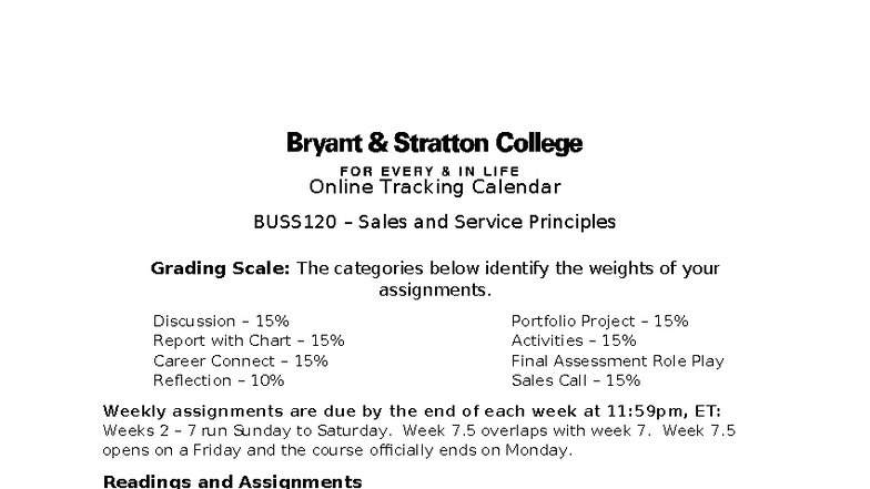 BUSS120 Online Tracking Calendar: Sales & Service Principles - Studocu