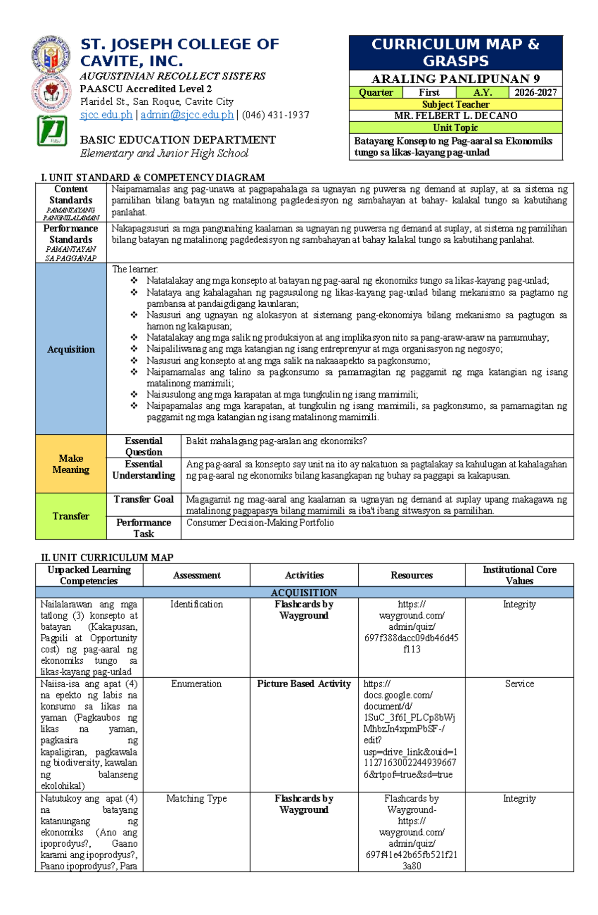 AP 9 1st Quarter Curriculum Map: Grasps in Araling Panlipunan - Studocu