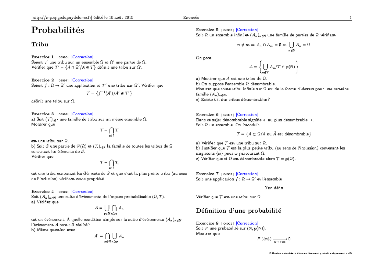 Probabilités - Exercices et correction - [mp.cpgedupuydelome] édité le ...