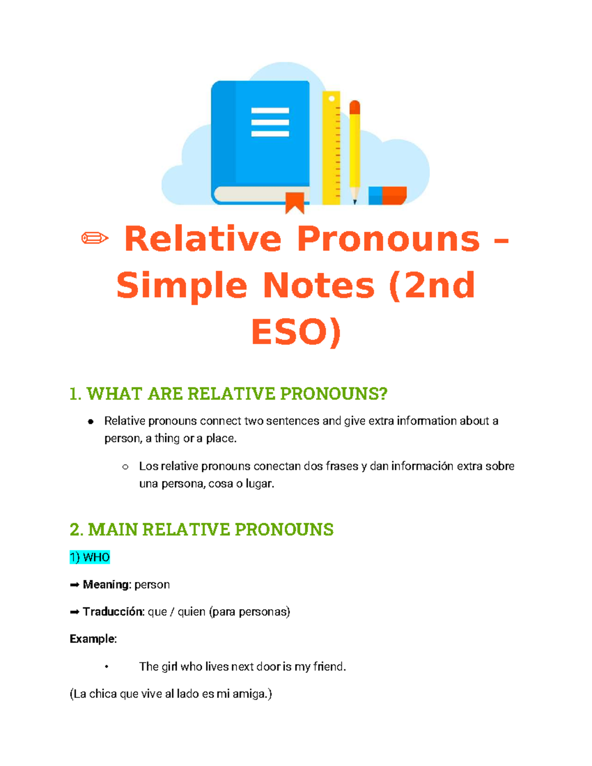 Relative Pronouns – Simple Notes (2nd ESO) - Studocu