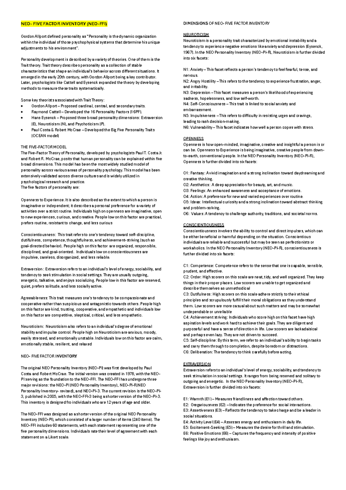 NEO-5 Personality Assessment: Understanding the Five Factor Model - Studocu