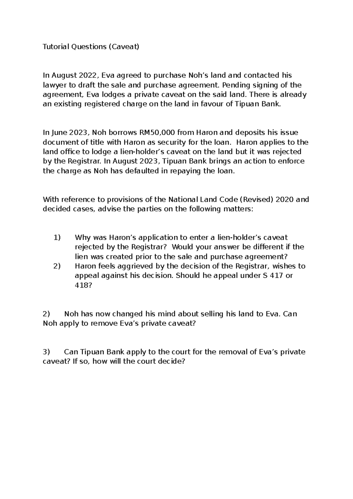 Tutorial Questions on Caveats and Land Transactions (Caveat) - Studocu