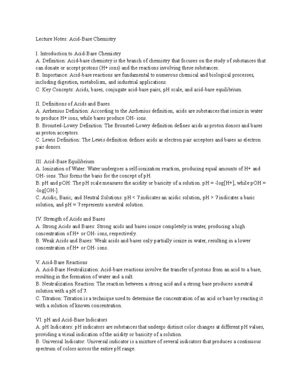 Lecture Notes: Acid-Base Chemistry (Course Code: CHEM 101) - Studocu