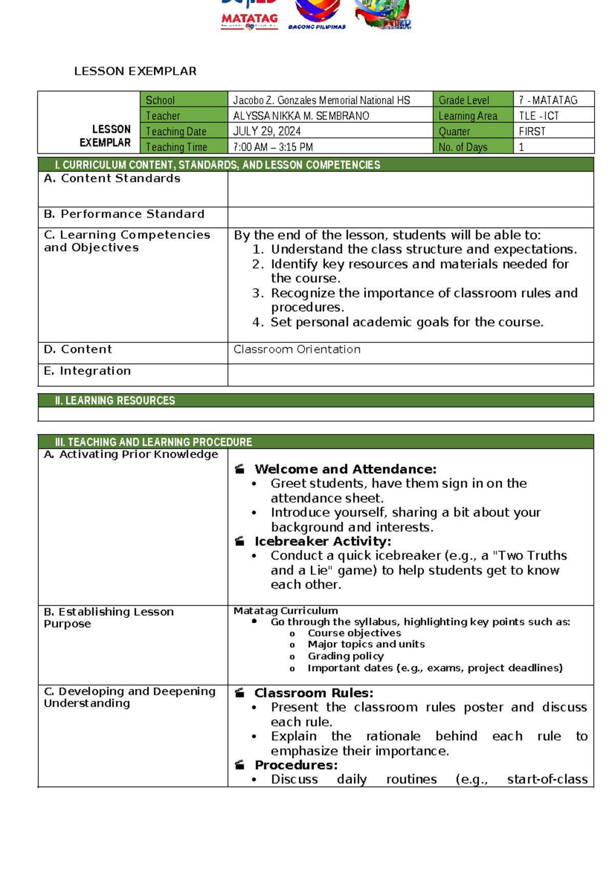 TLE 7 - JULY 29 Class Orientation & Lesson Exemplar Guide - Studocu