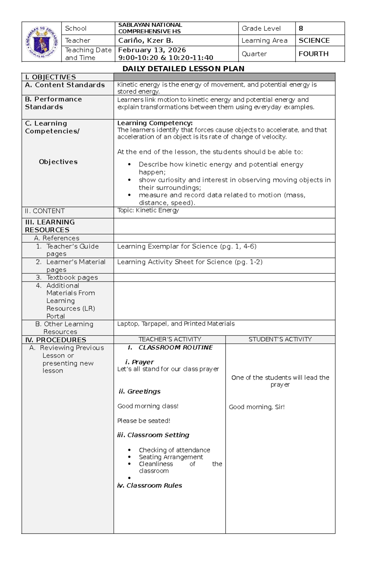 Grade 8 Science DDLP: Kinetic Energy Lesson Plan - Studocu