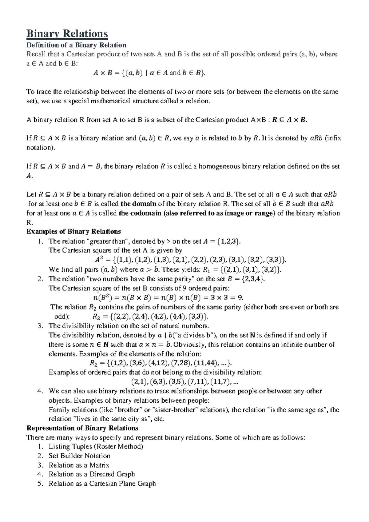 Relations 2 - Notes on Binary Relations and Their Properties - Studocu