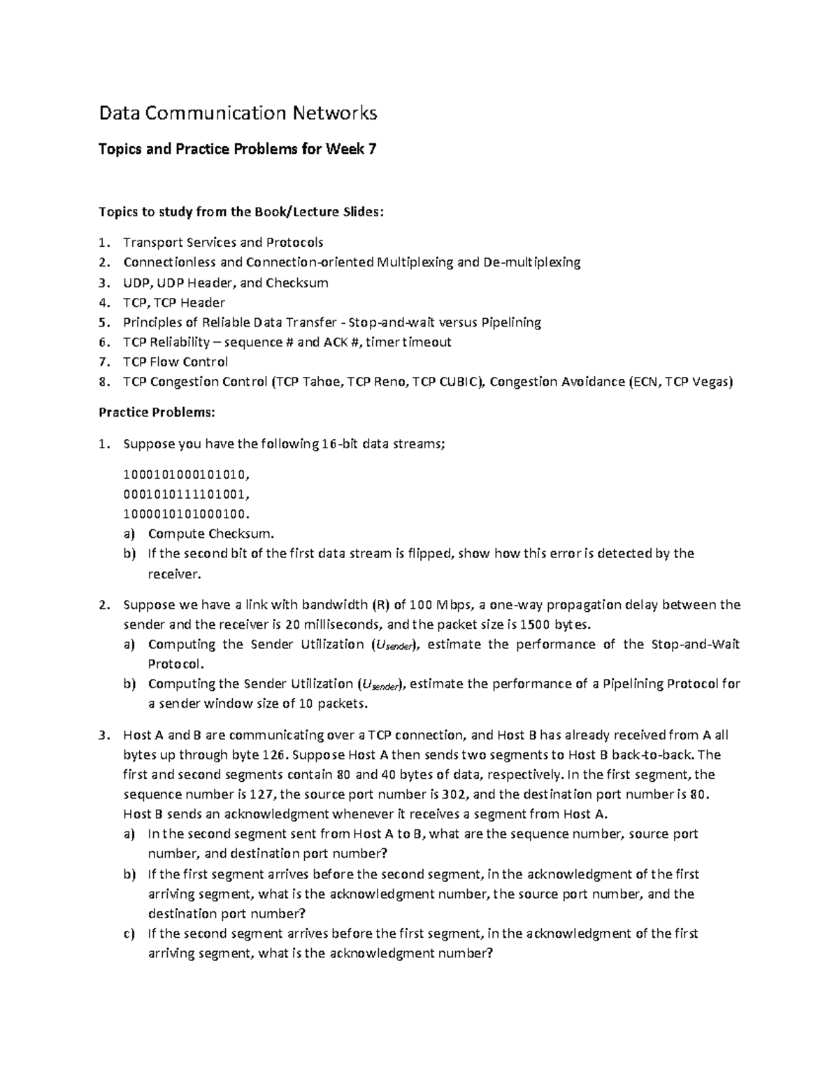 DCN WEEK7 problems - Data Communication Networks Topics and Practice Problems for Week 7 Topics ...