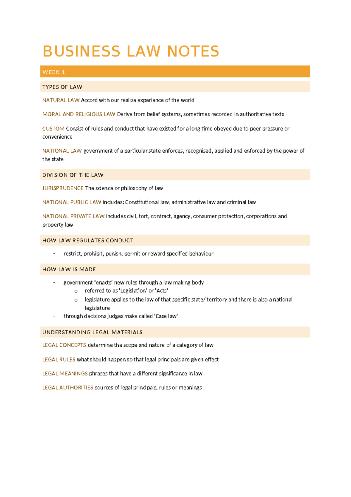 BUSINESS LAW NOTES WEEK 1 & 2: TYPES OF LAW & LEGISLATION - Studocu