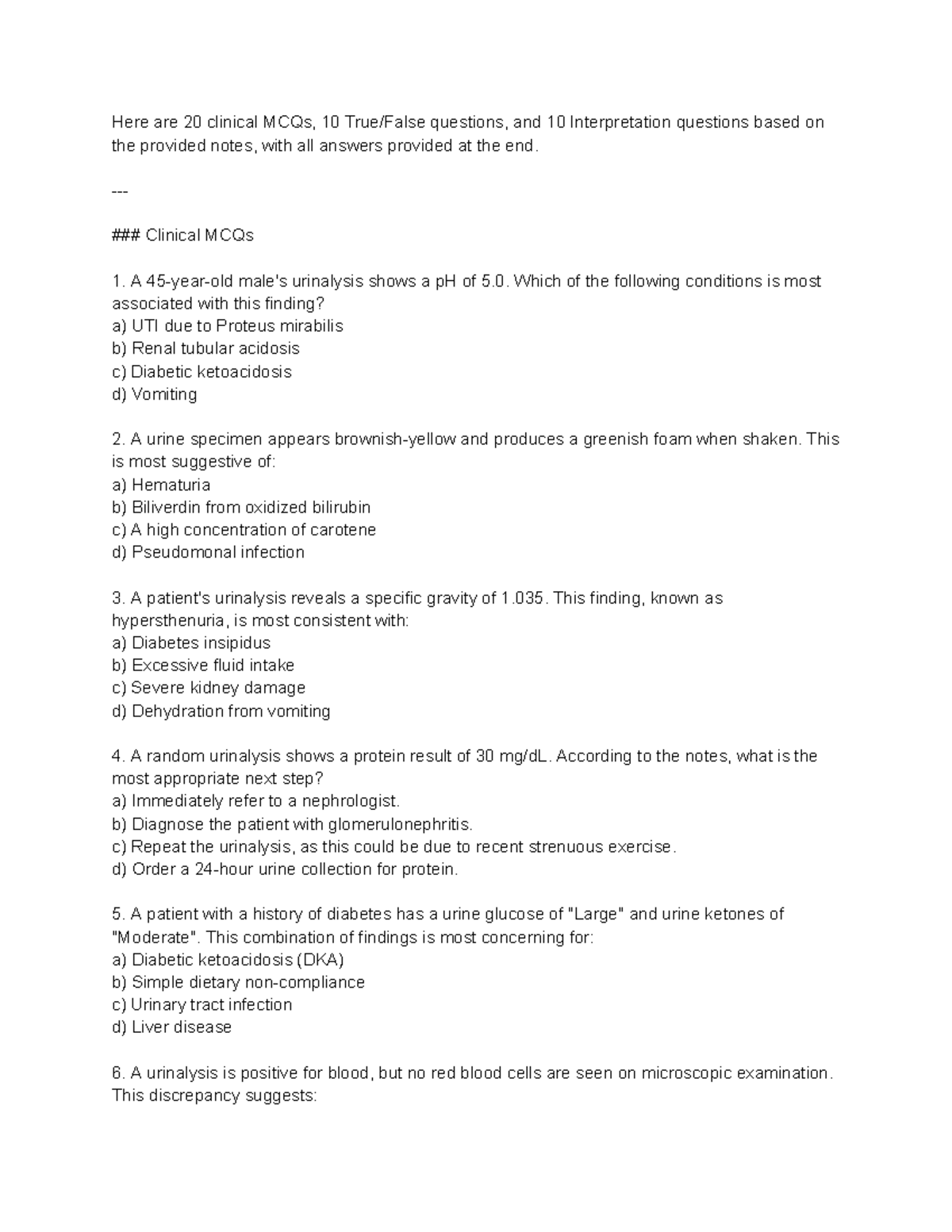 Clinical MCQs & Interpretations for Med Dx 2: Urinalysis Insights - Studocu