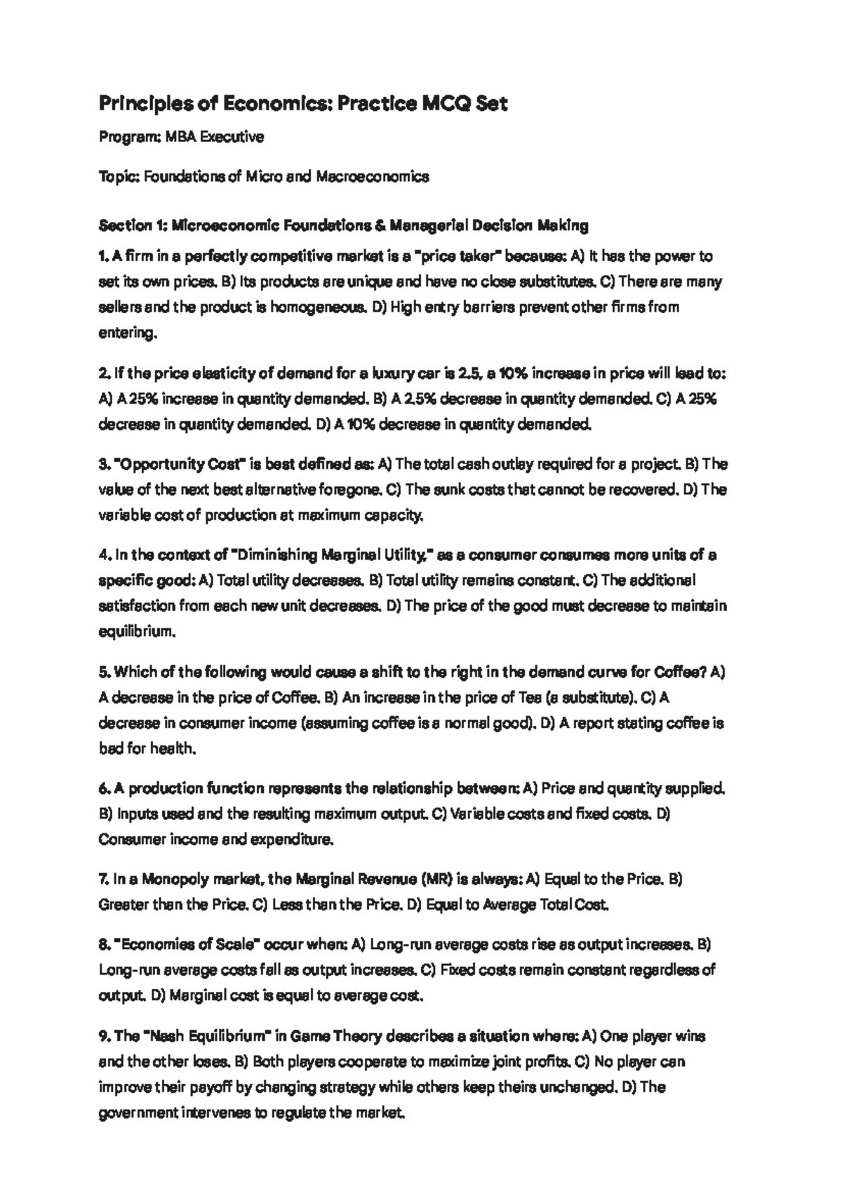 Principles of Economics: Practice MCQs Set 1 - MBA Executive - Studocu