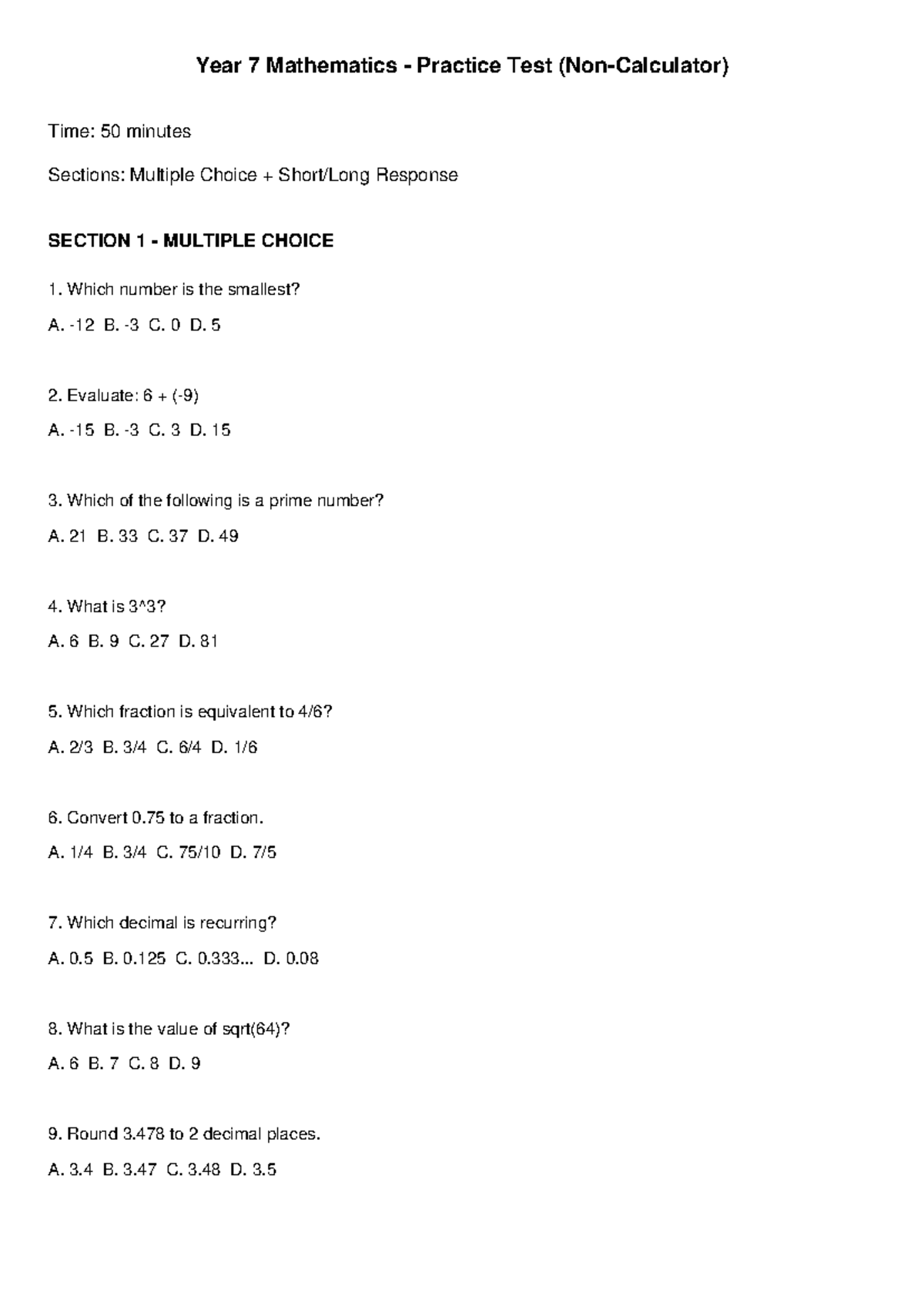 Year 7 Mathematics Practice Test - Multiple Choice Questions - Studocu