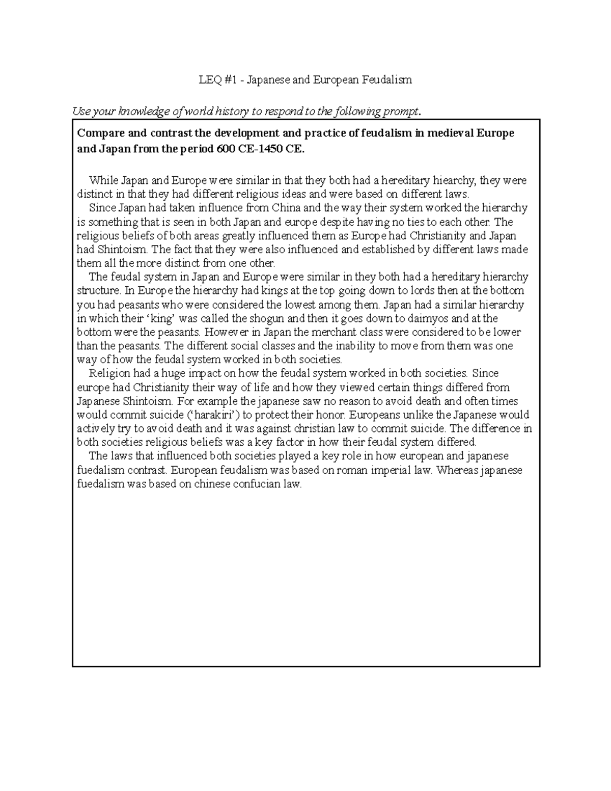 LEQ #1 - Comparing Japanese and European Feudalism - AP World History ...