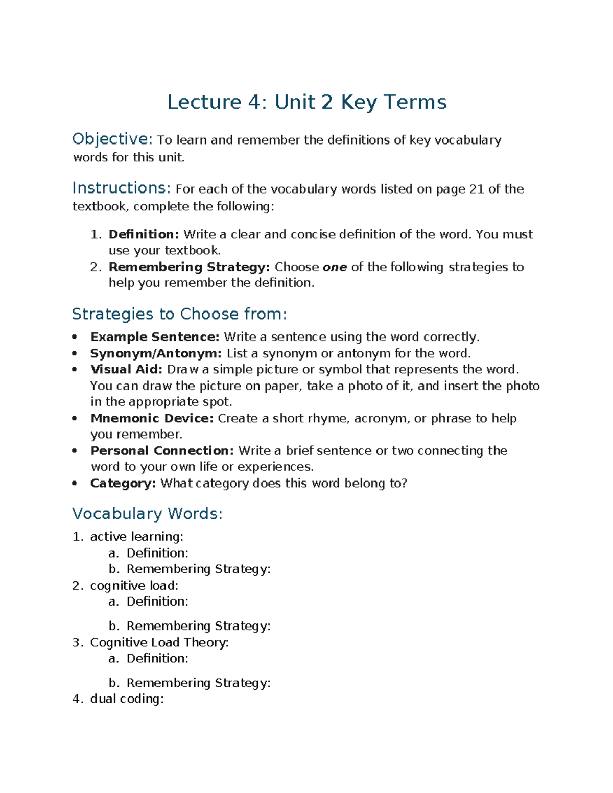 Unit 2 Vocabulary Key Terms & Definitions - Lecture 4 - Studocu