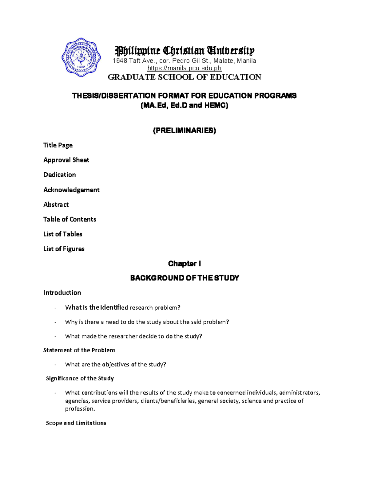 PCU Thesis/Dissertation Format for Education Programs (MA.Ed, Ed.D ...