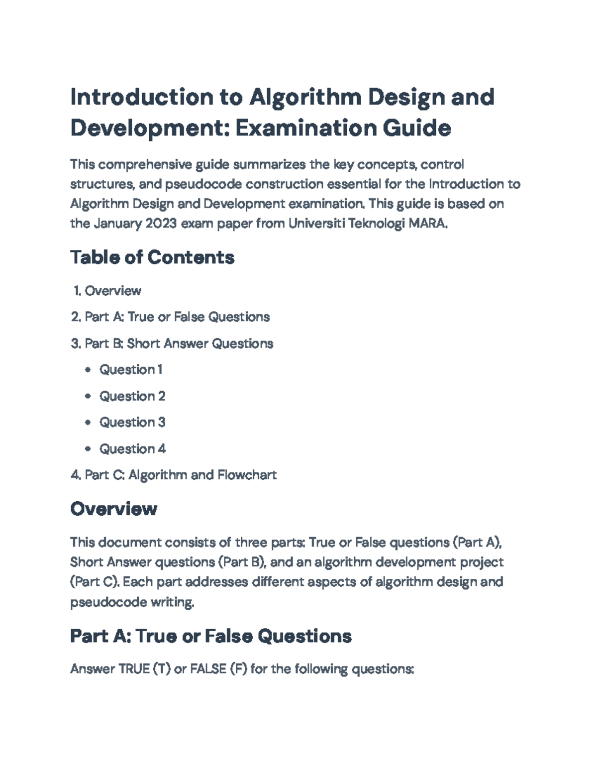 Introduction to Algorithm Design and Development: Exam Guide (Jan 2023 ...