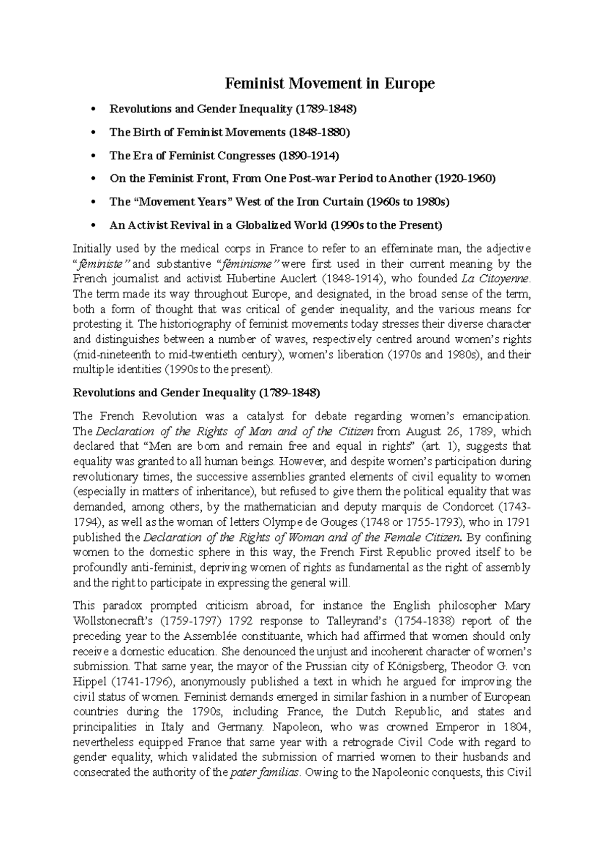 Feminist Movement in Europe (For reference) - Feminist Movement in ...