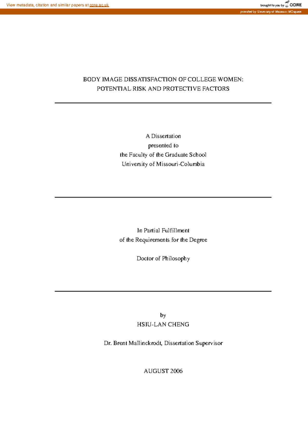 Body image dissatisfaction of college women: potential risk and ...