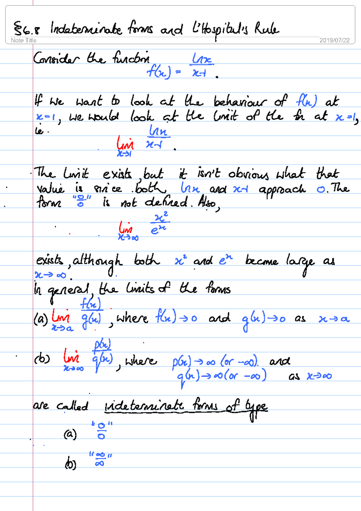 6.8 Indeterminate Forms and L'Hôpital's Rule Notes for Math 101 - Studocu