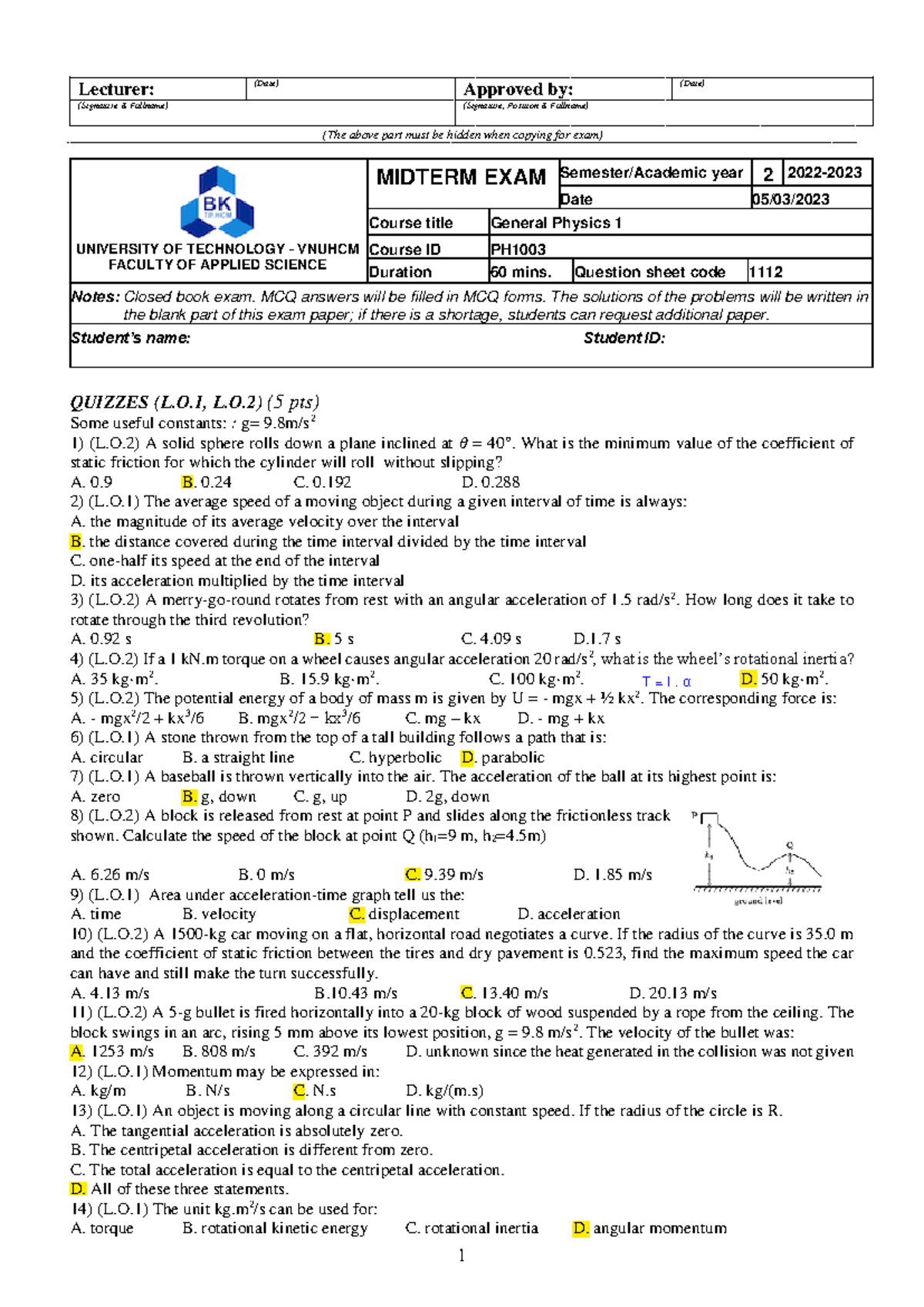 Midterm Exam PH - General Physics 1 HK222 1112 (2022-2023) Questions & Solutions - Studocu