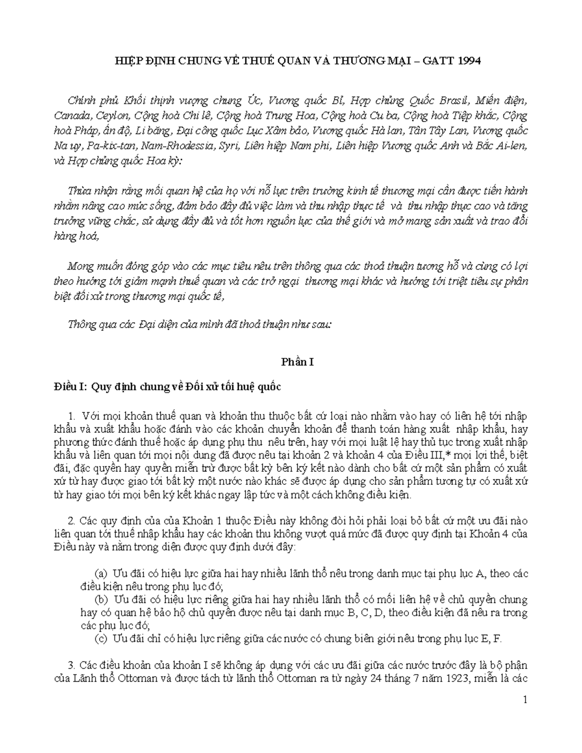 GATT 1994: Hiệp Định Chung Về Thuế Quan và Thương Mại - Studocu